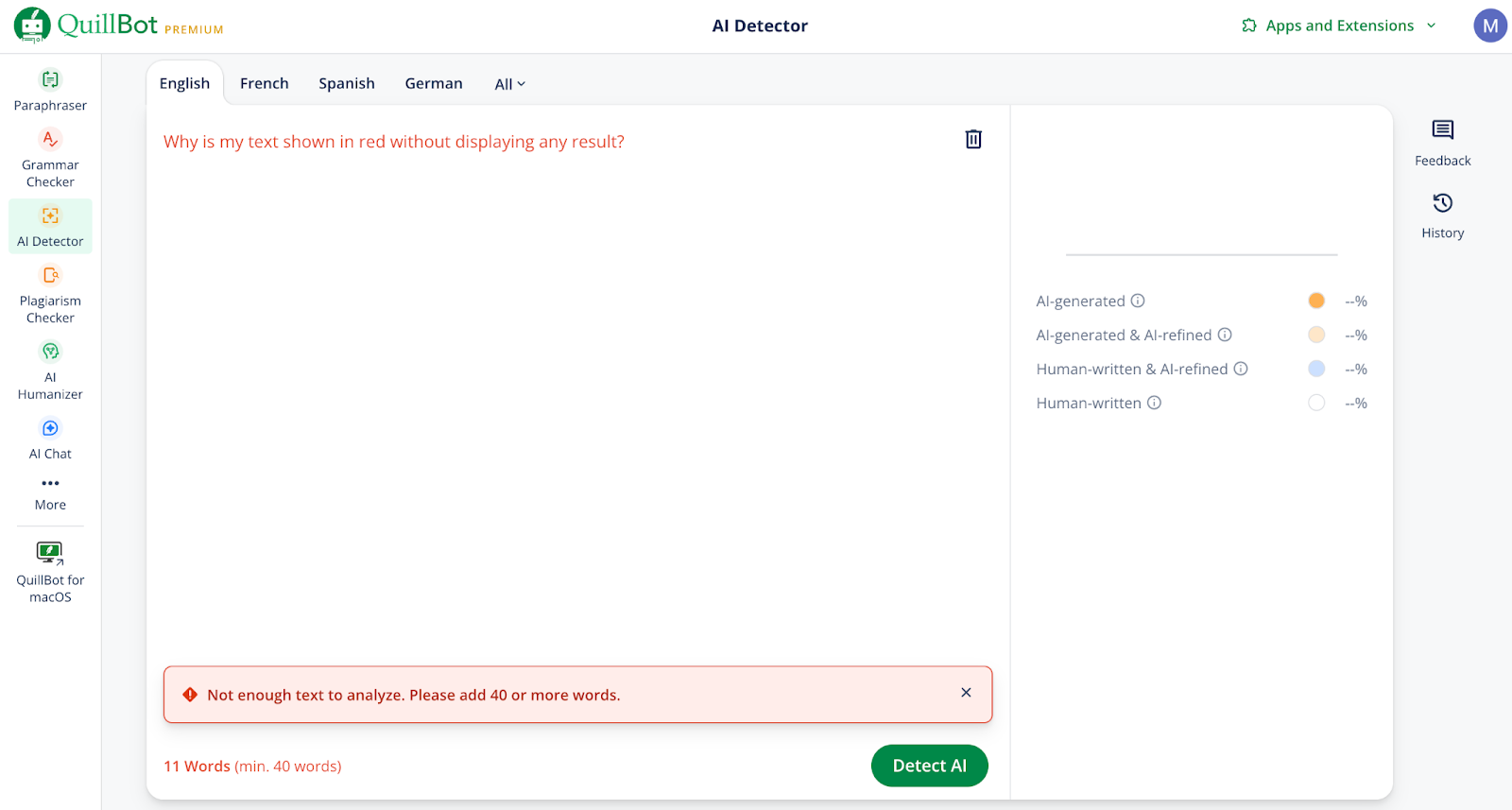 Why is my text shown in red without displaying any result? – QuillBot Help Center
